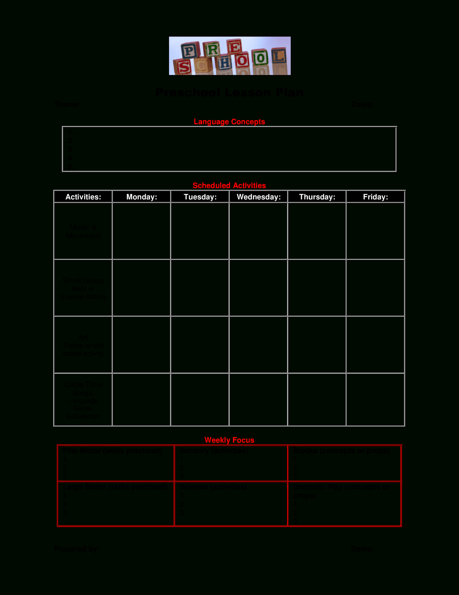 Blank Preschool Lesson Plan | Templates At throughout Blank Preschool ...