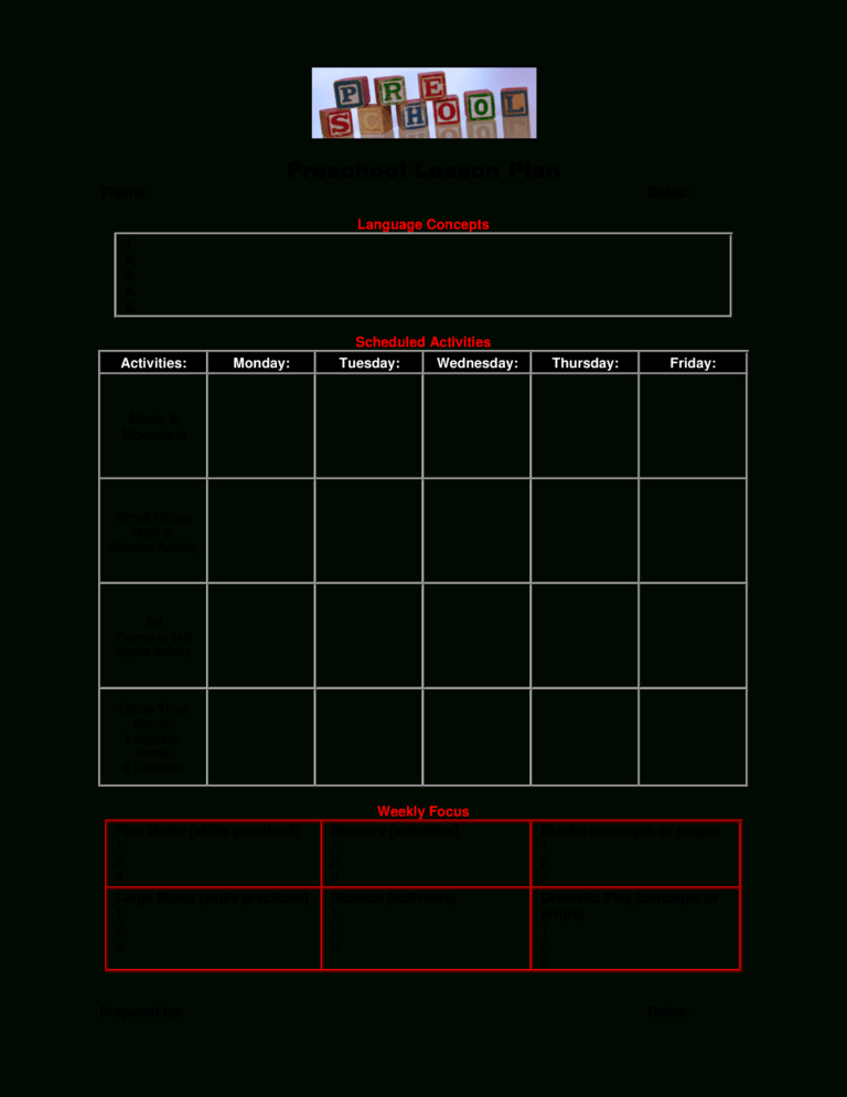 Blank Preschool Lesson Plan | Templates At throughout Blank Preschool ...