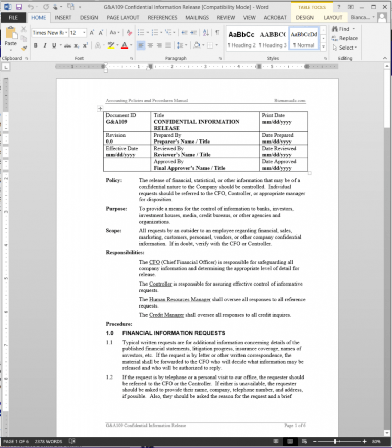 Sop Policies And Procedures Manual Templates Bizmanualz Pertaining To Hours Of Operation 