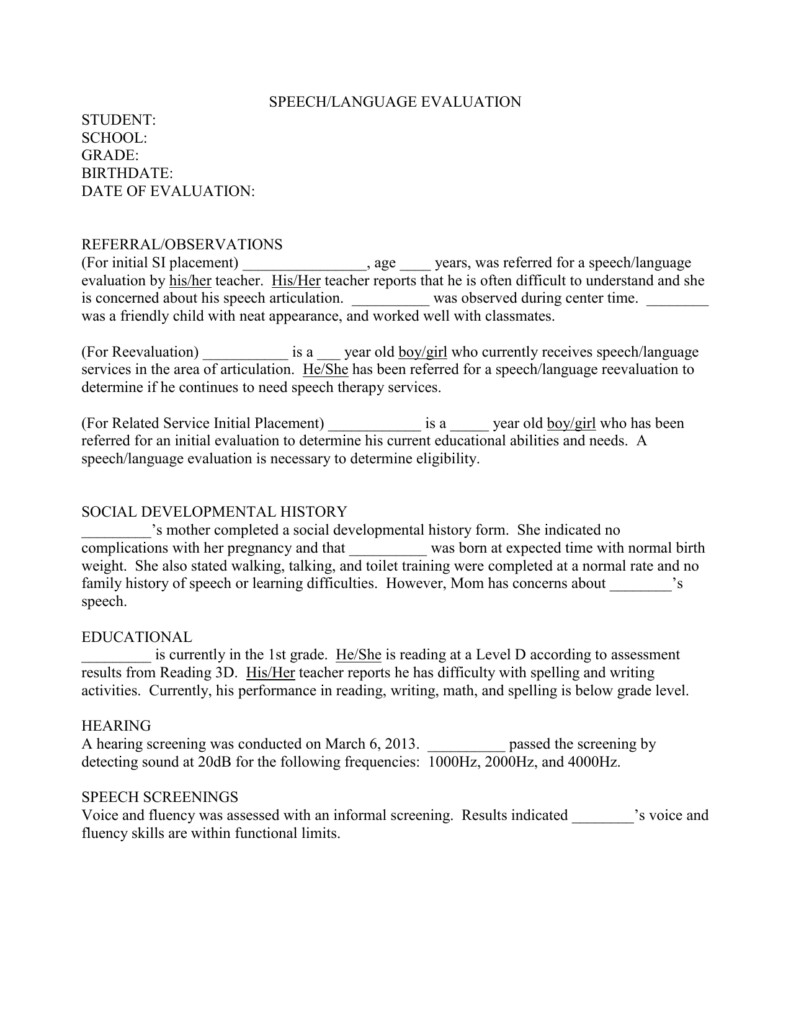 Speech And Language Report Template – Creative.maexproit.com